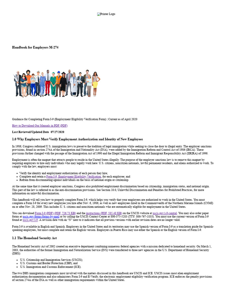 Handbook+for+Employers+M 274 | PDF | E Verify | Immigration