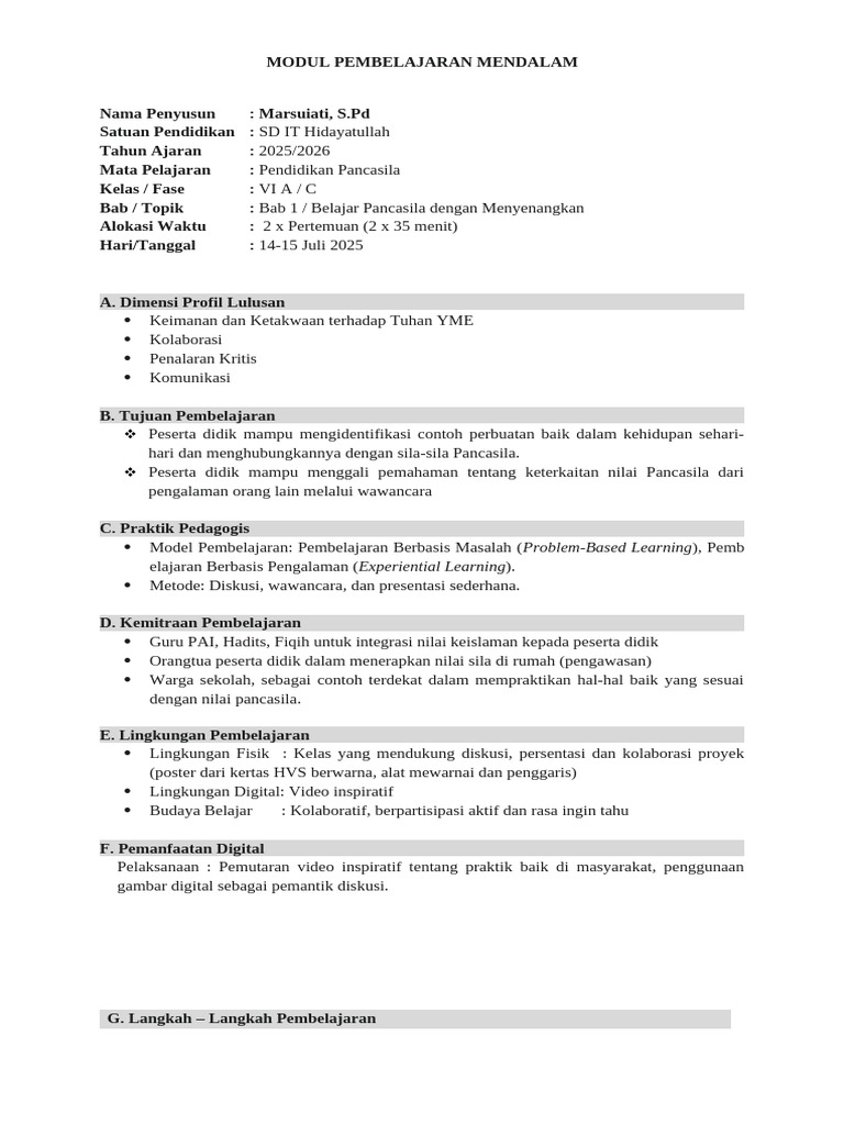 Contoh Modul Ajar Deep Learning Kelas 6 1 | PDF