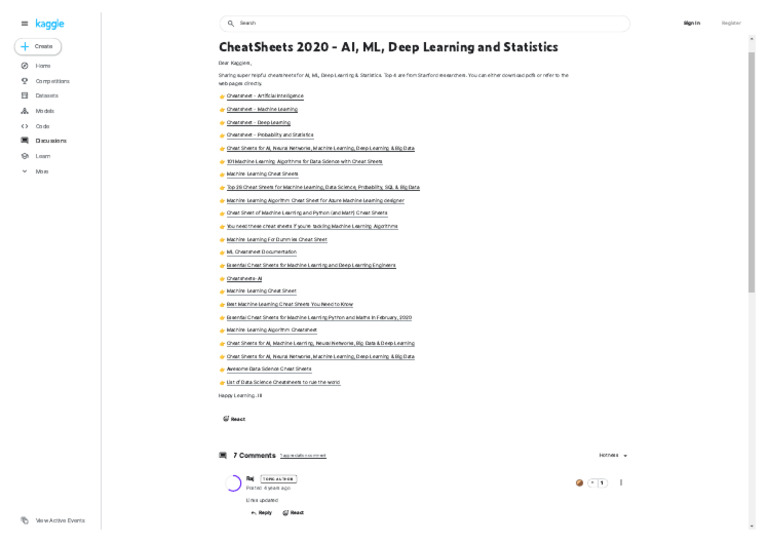 CheatSheets 2020 - AI, ML, Deep Learning and Statistics - Kaggle | PDF ...
