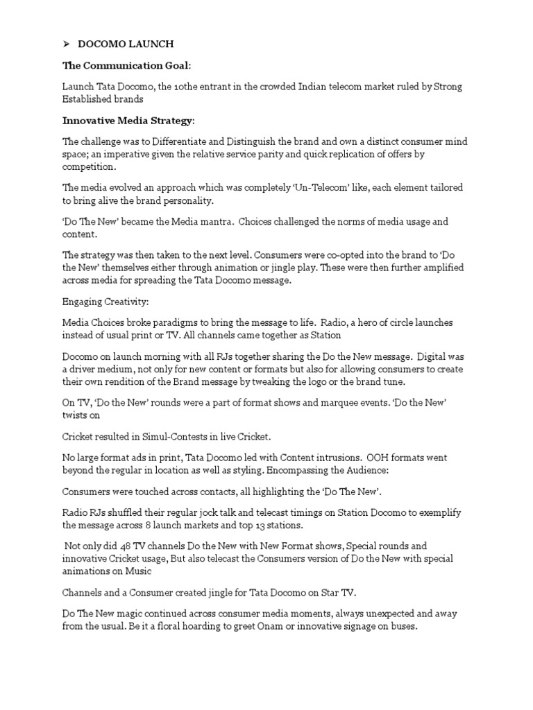 Tata Docomo's Innovative Launch Strategy | PDF | Brand | Advertising