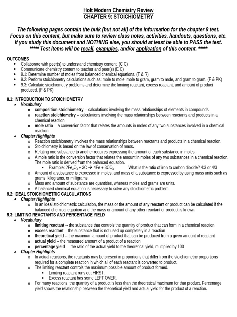 Stoichiometry Study Guide for Chemistry Test | PDF | Stoichiometry ...