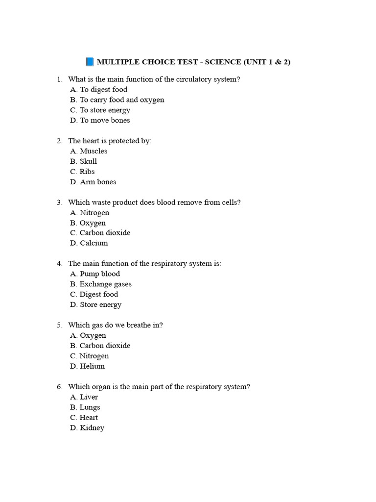 Science Multiple Choice Test: Units 1 & 2 | PDF | Blood | Water