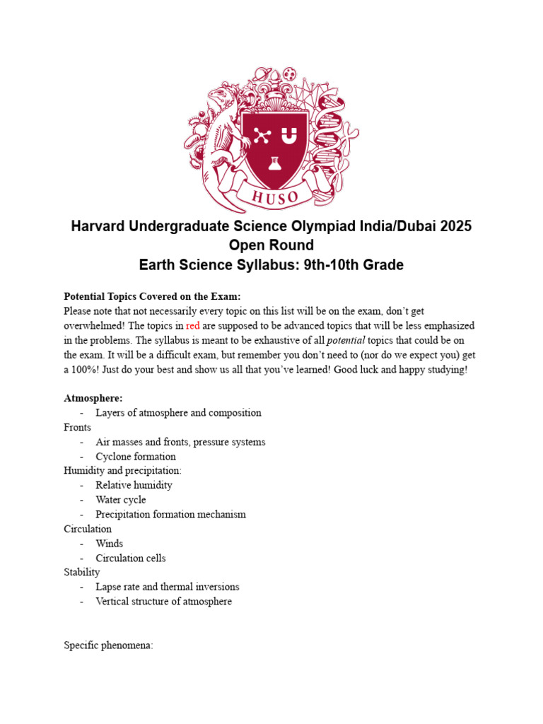 Earth Science Syllabus for HUSO 2025 | PDF | Stars | Atmospheric ...