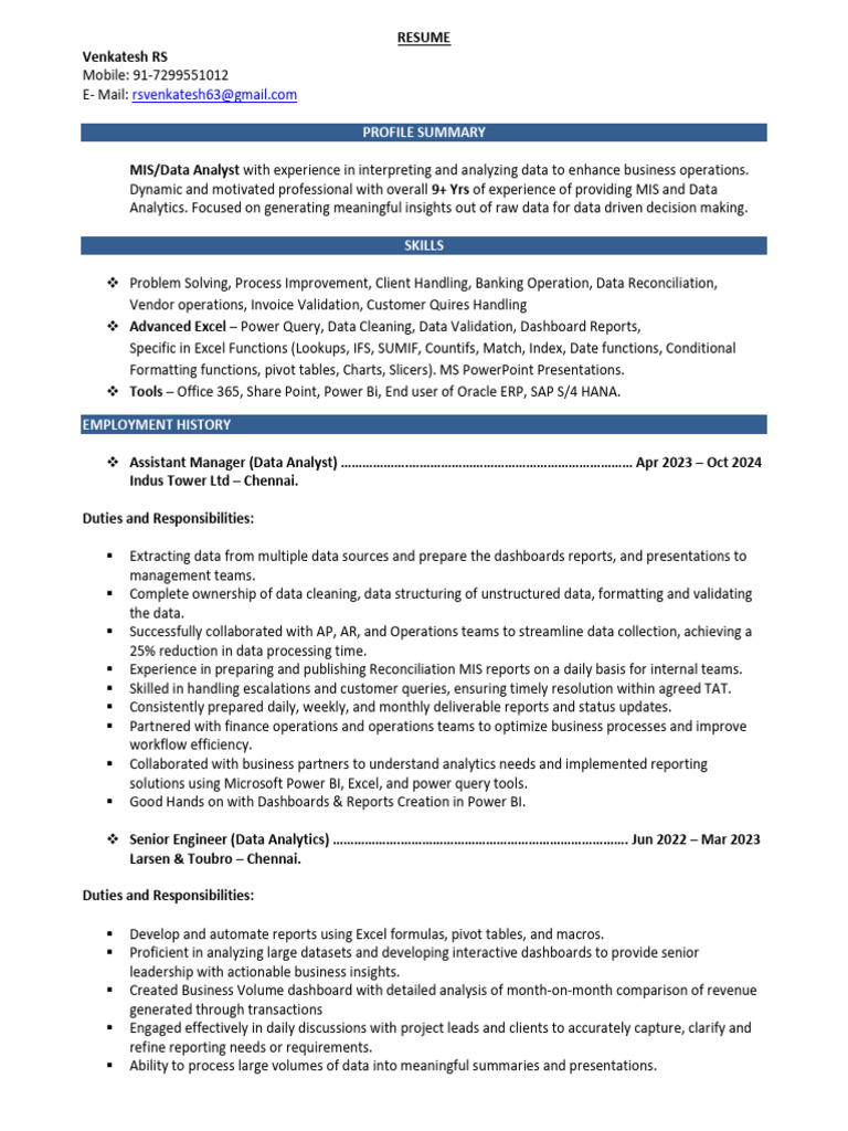 MIS Data Analyst Resume | PDF | Microsoft Excel | Data Analysis