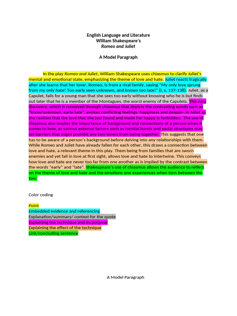 Romeo & Juliet - PEEL Model Paragraph - Chiasmus | PDF | Characters In ...