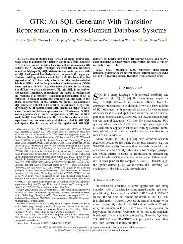 GTR An SQL Generator With Transition Representation in Cross-Domain ...