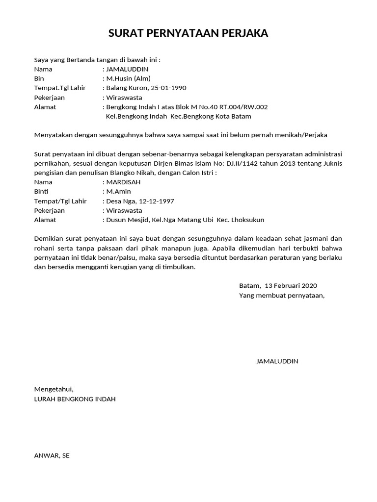 Surat Pernyataan Perjaka | PDF