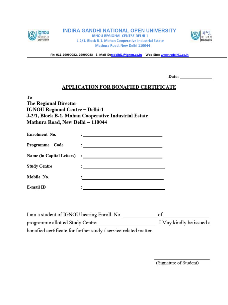 IGNOU Bonafide Certificate Application | PDF