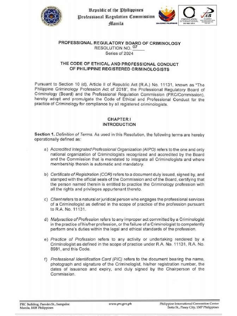 Code of Ethical Conduct for Philippine Registered Criminologist | PDF