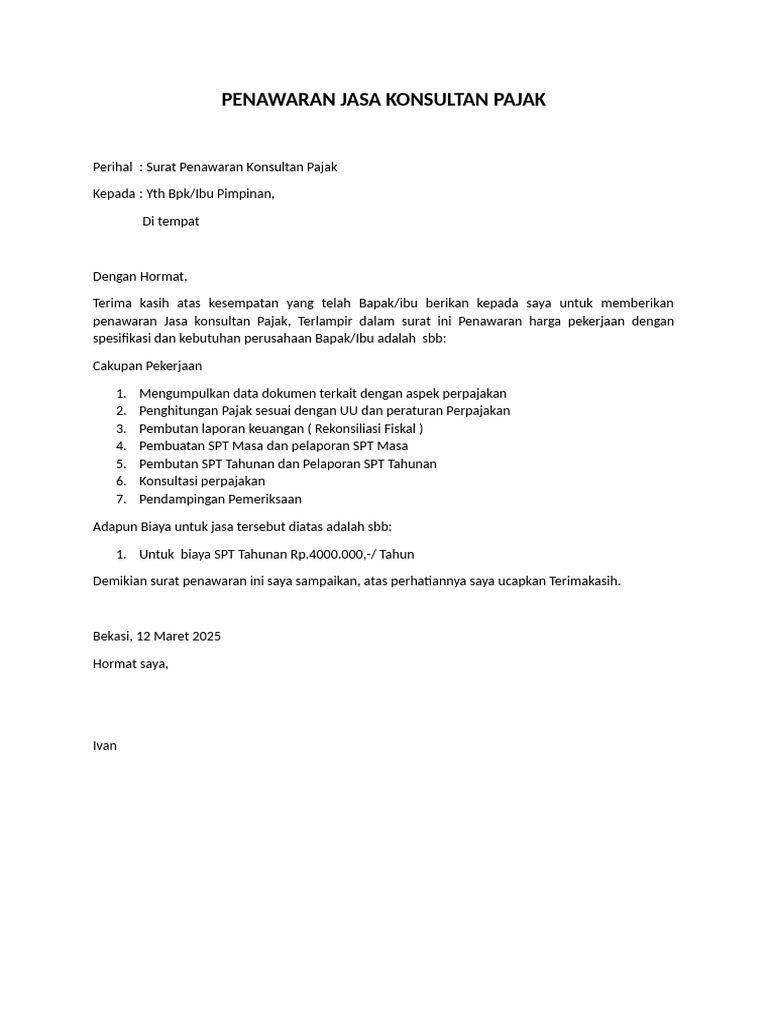Penawaran Jasa Konsultan Pajak | PDF