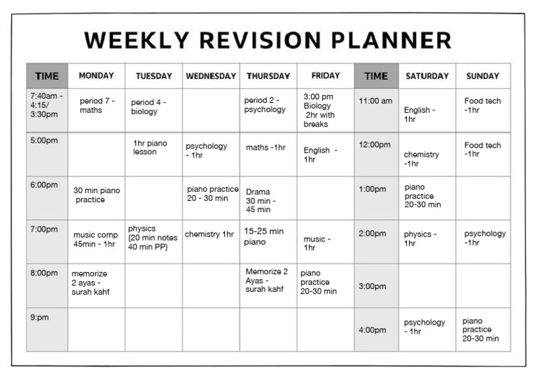 A Customizable Timetable For Effective Revision - Professional Sample ...