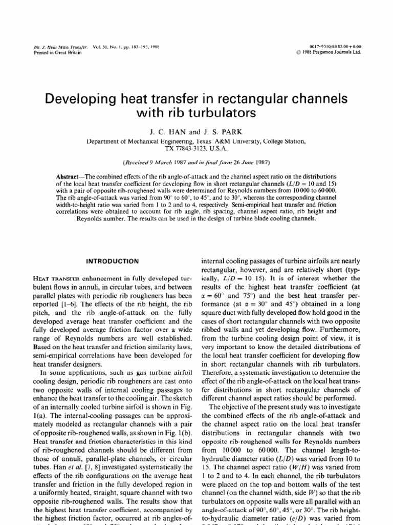 Developing Heat Transfer in Rectangular Channels With Rib Turbulators ...