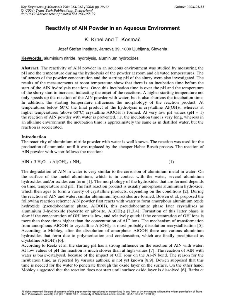 Reactivity of AlN Powder in An Aqueous Environment | PDF | Hydroxide ...