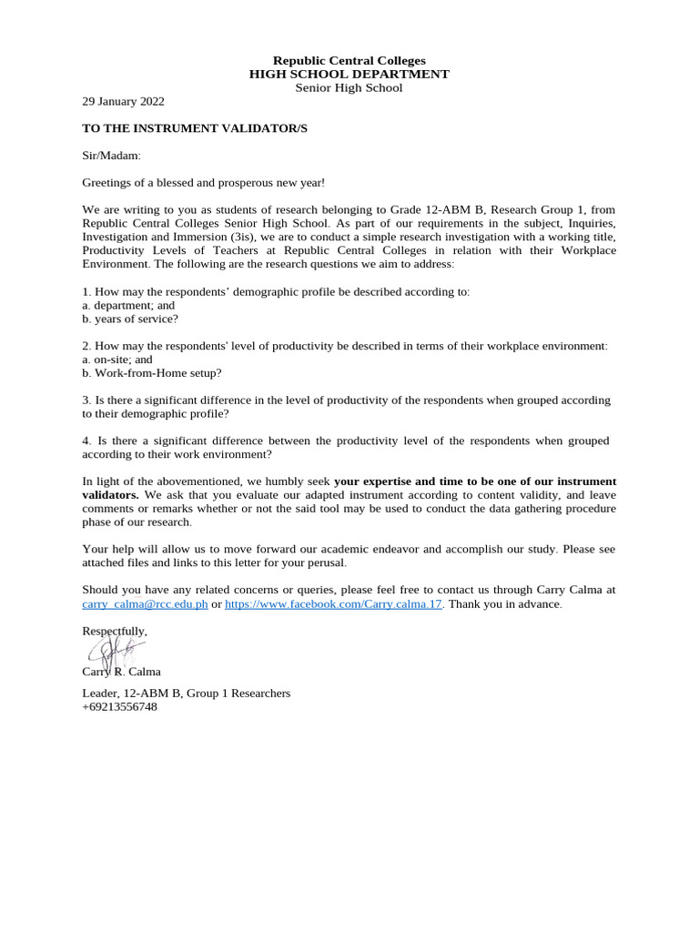 Group 1 Letter To Validator | PDF