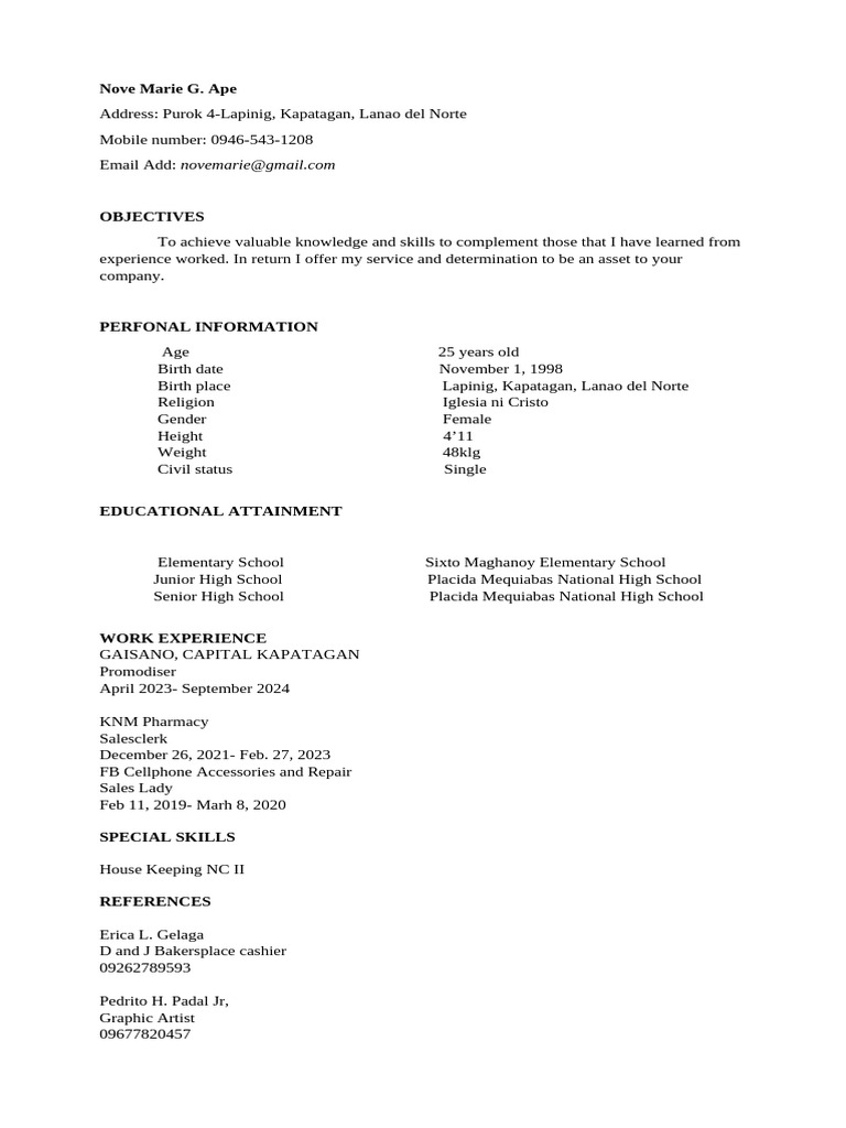 Nove Marie G. Ape Resume and Profile | PDF