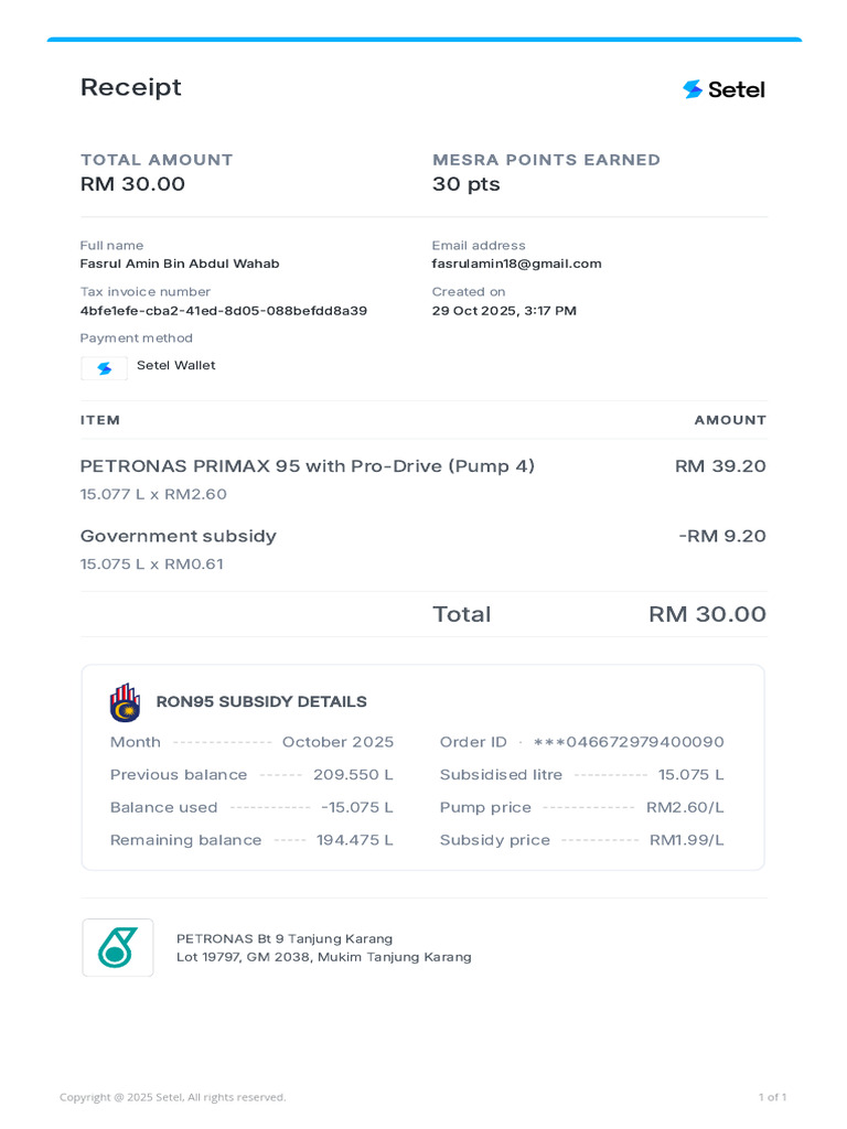 Setel Wallet Receipt - October 2025 | PDF