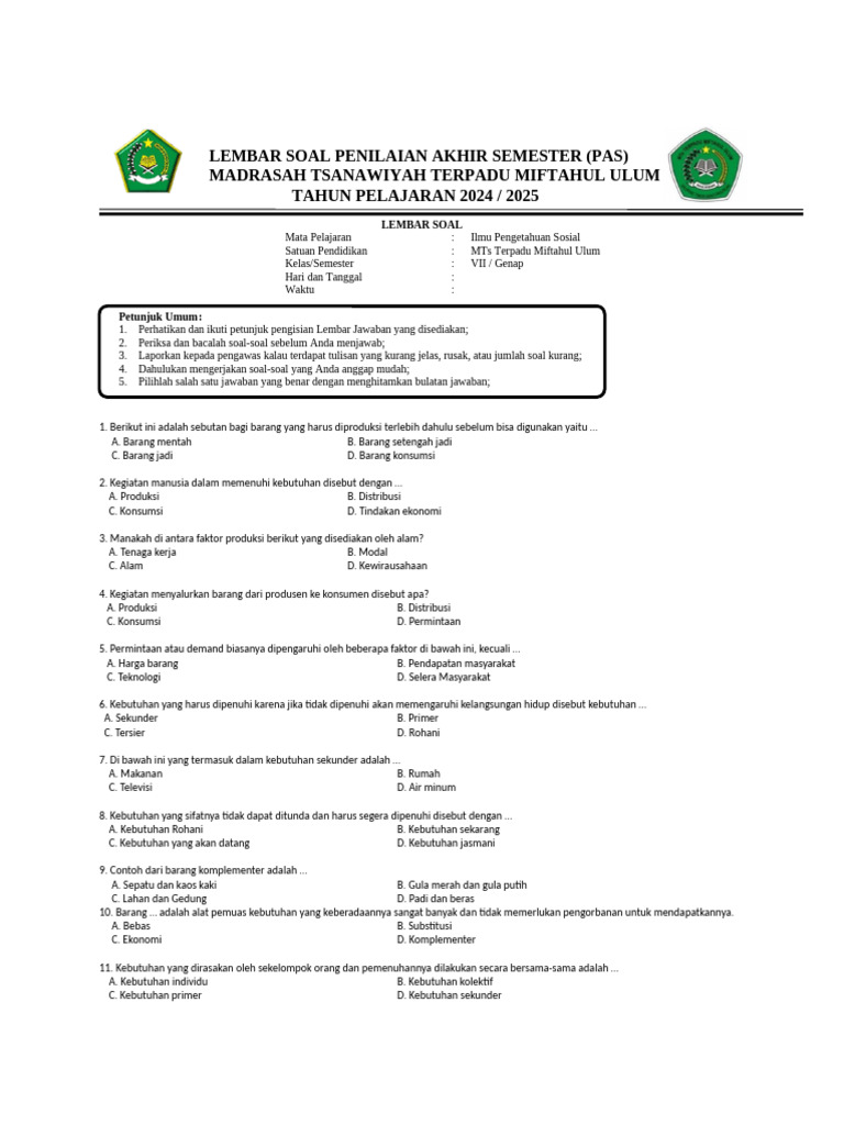 Soal PAS IPS Kelas VII MTs 2024/2025 | PDF