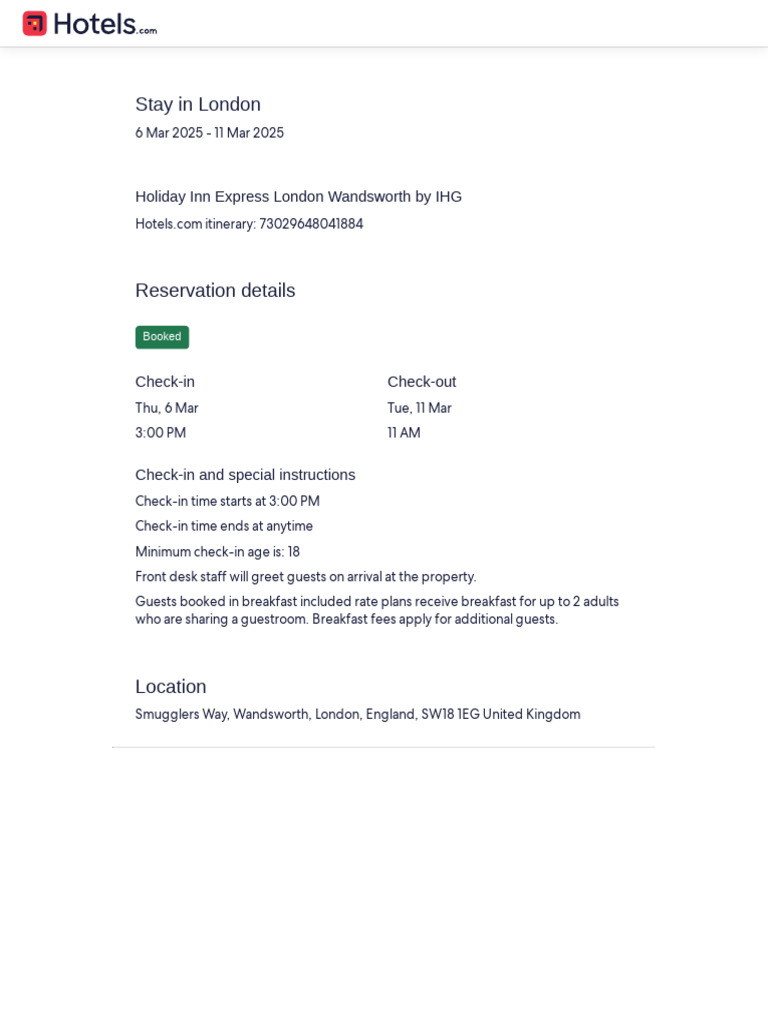 London Hotel Itinerary: Holiday Inn Express | PDF