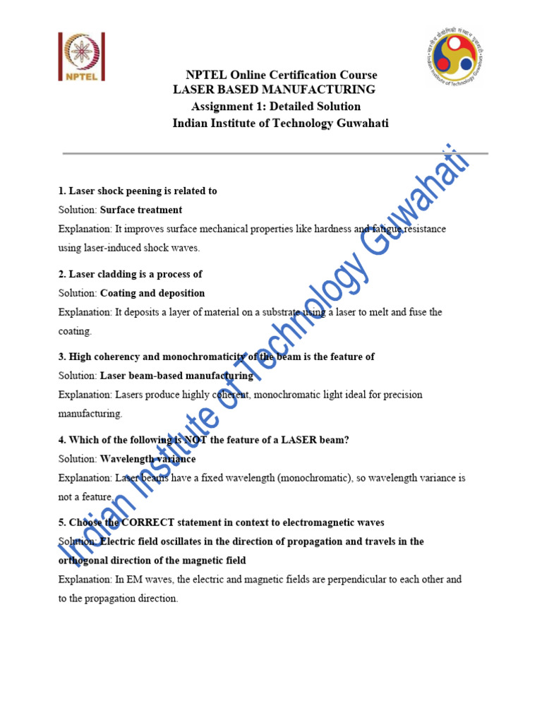 Solution Week 1 Assignment 1 - NOC25 ME152 | PDF | Laser | Electromagnetic Radiation