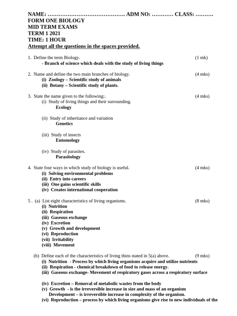 Set2 Bio Midterm Ms MidTerm 1 2021 Teacher.co .Ke F1 Exam | PDF ...