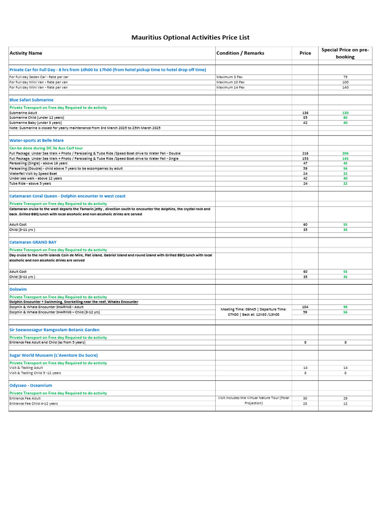 Mauritius Optional Tours Sheet - 07 July 2025 | PDF