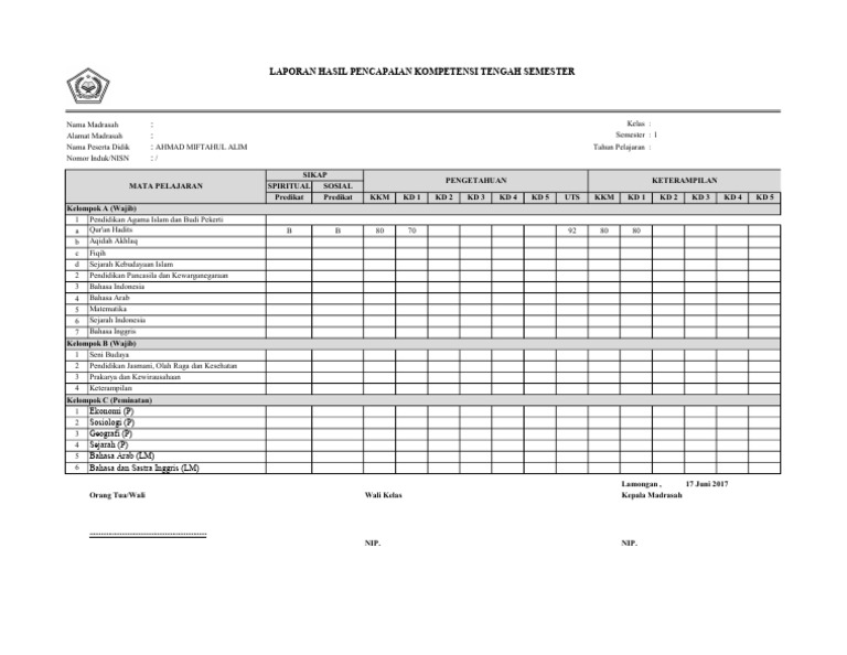 Contoh Raport Tengah Semester | PDF