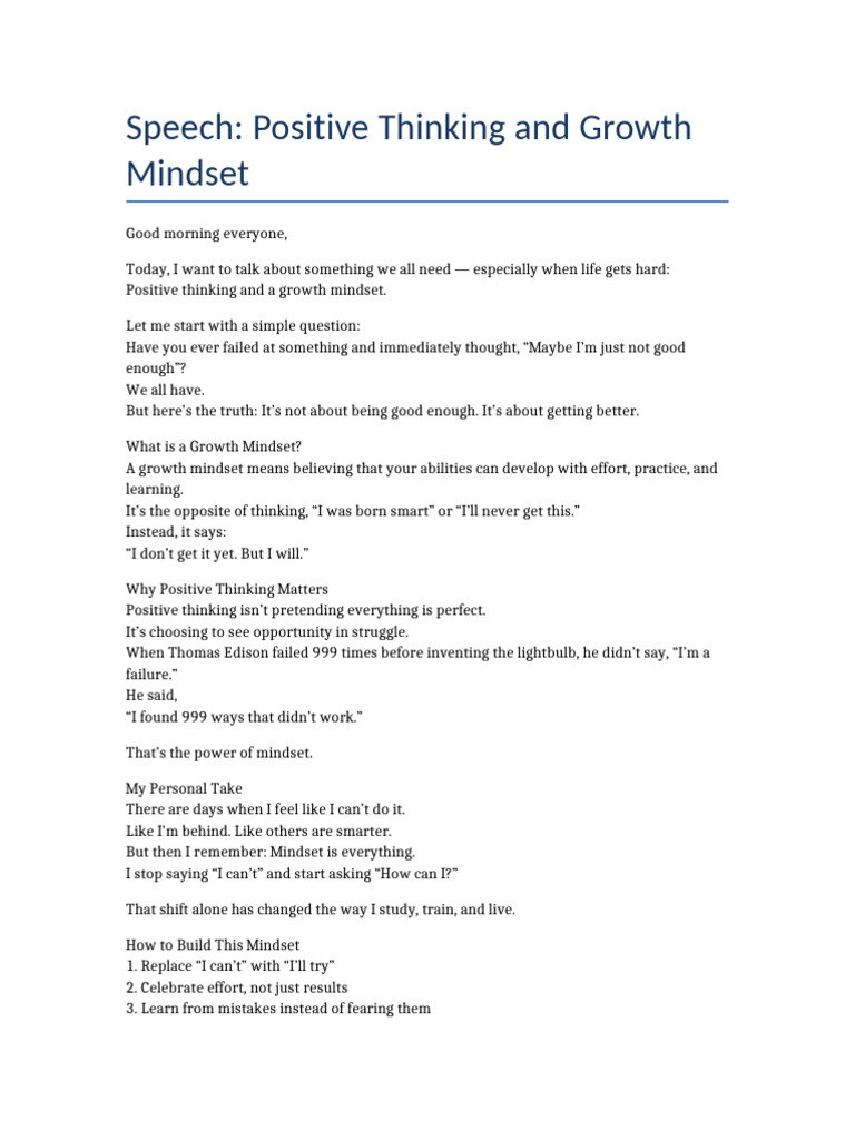Positive Thinking Speech | PDF