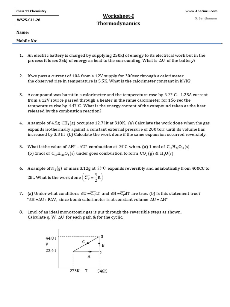 AAvRV WS25.C11.26 Worksheet-I On Thermodynamics | PDF | Heat | Quantity
