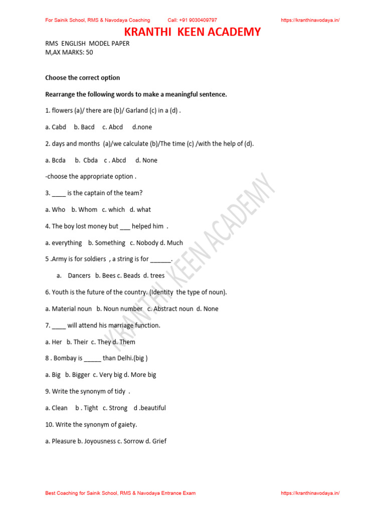RMS English Model Paper for Coaching | PDF | Linguistics | Semantic Units