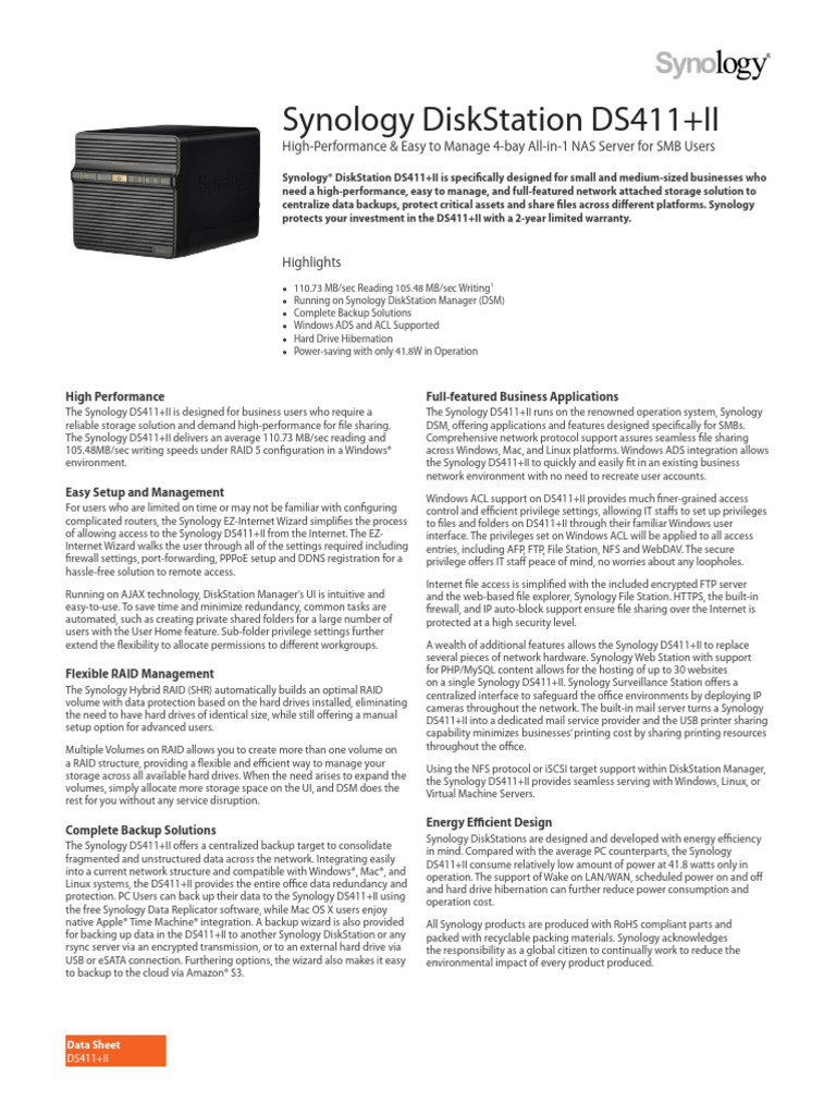 Synology DS411 PlusII Data Sheet Enu | PDF | Computer Network | Raw ...