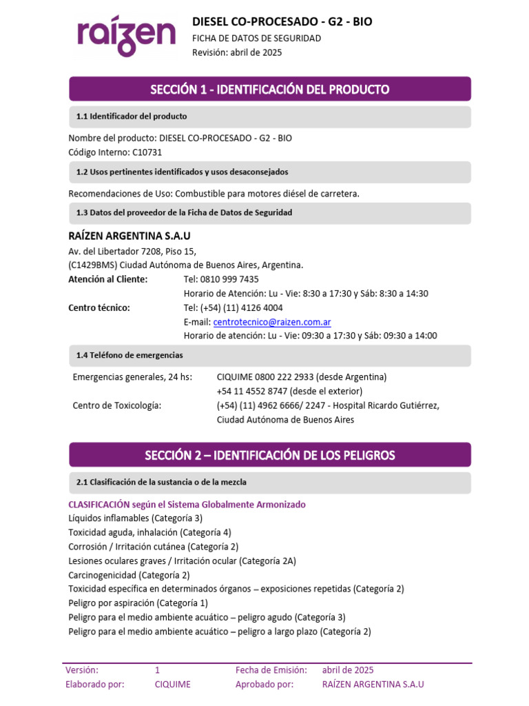 Diesel Coprocesado G2 Bio (Hoja Seguridad) | PDF | Seguridad y salud ...