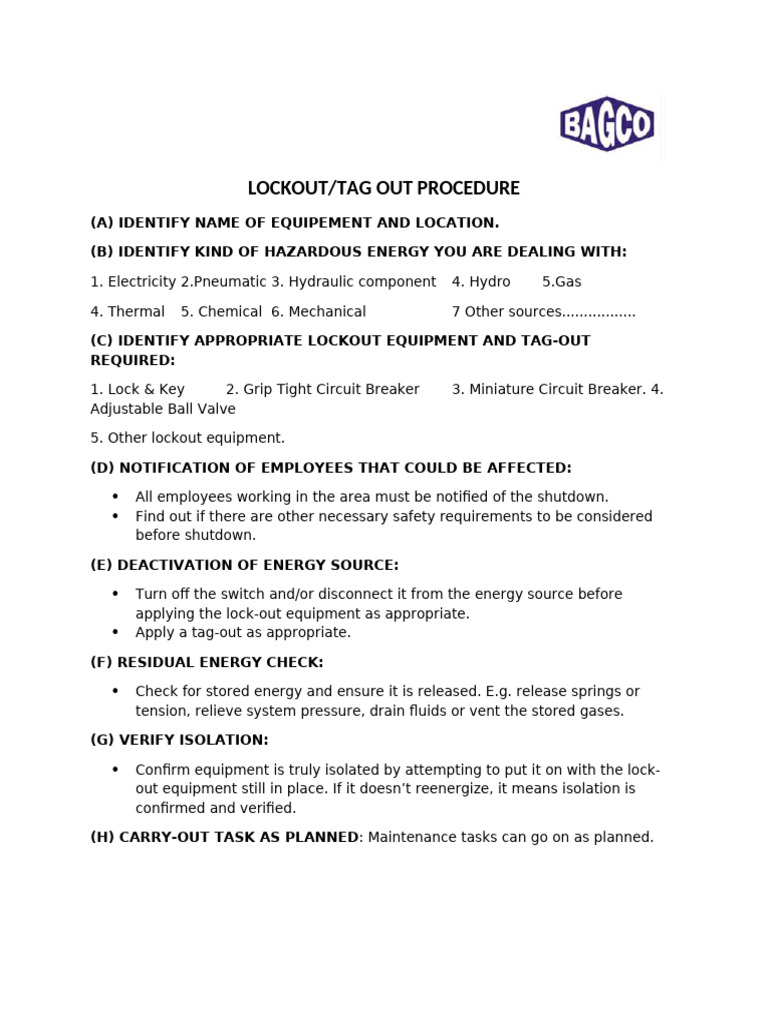 Lock-Out & Tag-Out Procedure | PDF