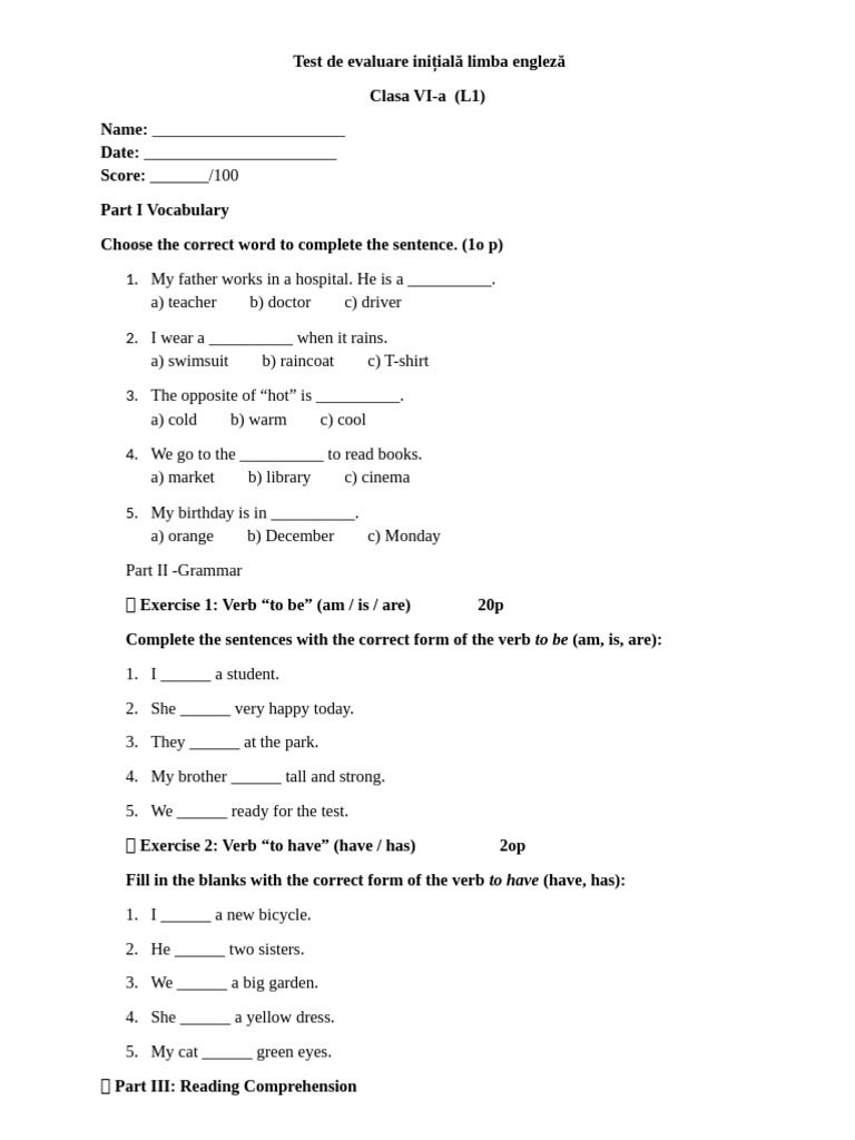 Test Initial Clasa 6-A | PDF