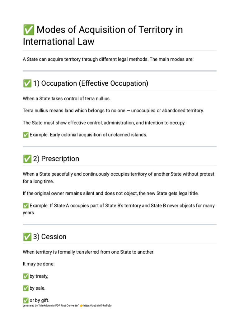 Modes of Territory Acquisition in Law | PDF | International Law ...