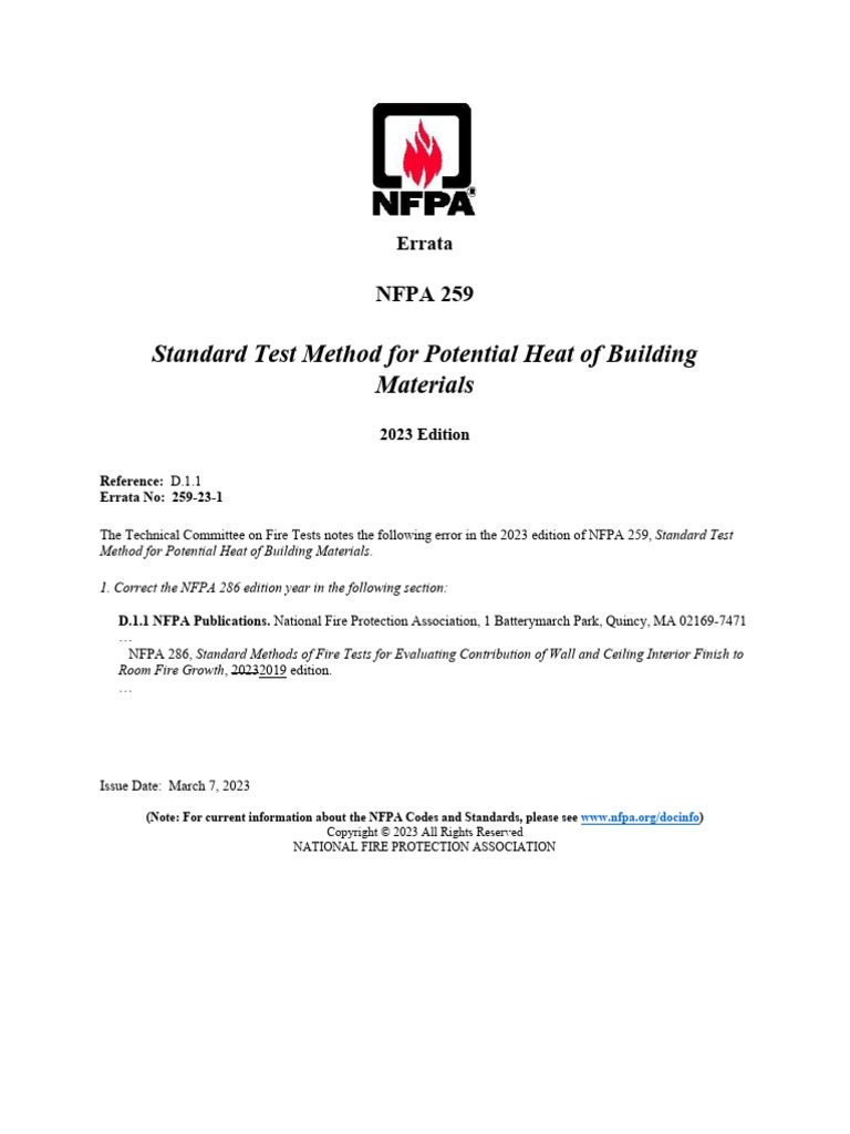 NFPA 259 Errata 2023 Edition | PDF