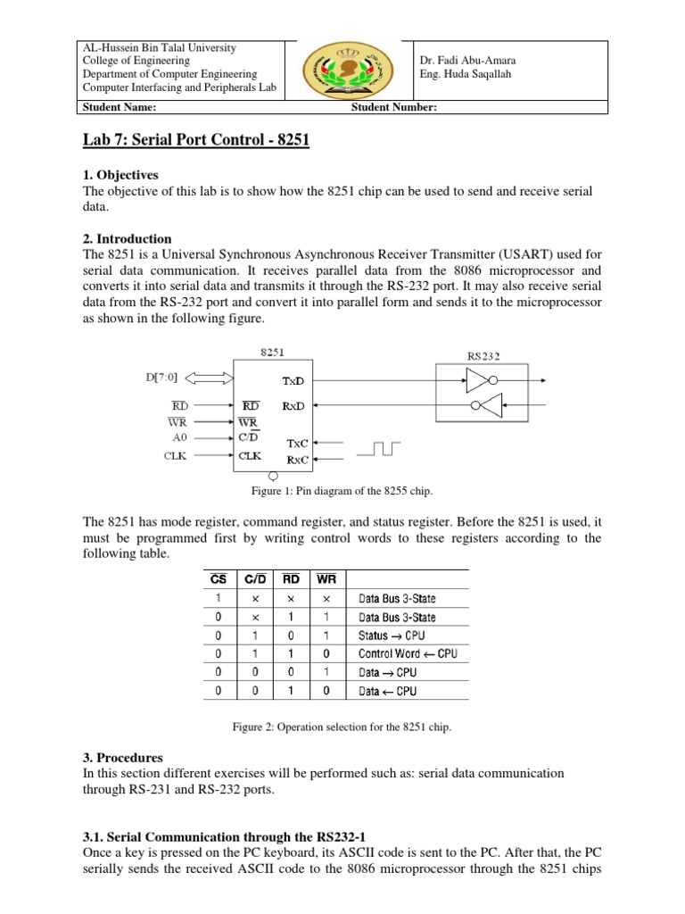 Serial Port Control with 8251 Lab | PDF | Digital Electronics ...