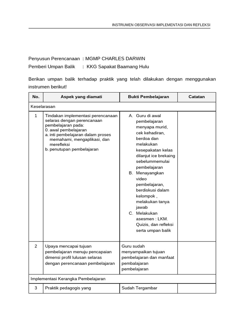 Instrumen Observasi Peer Teaching | PDF