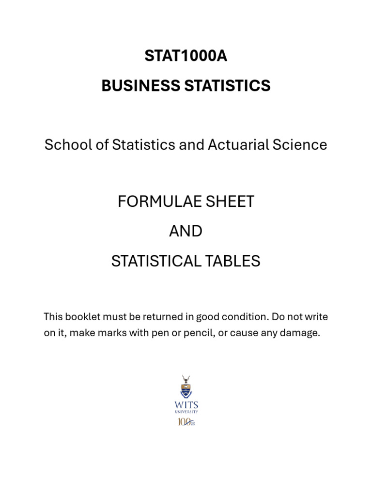BOOKLET formula and Tables STAT1000A | PDF | Probability Distribution ...
