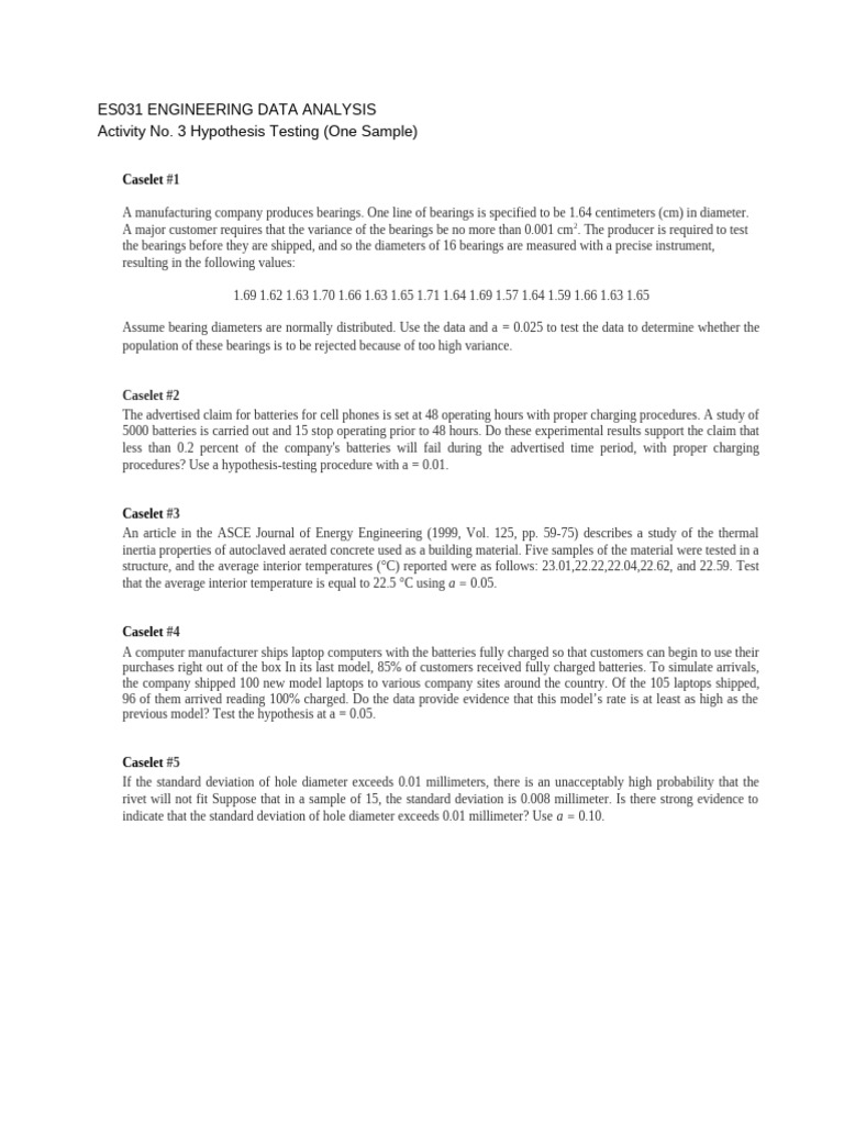 ES031-A4-One Sample Hypothesis Testing | PDF | Standard Deviation ...