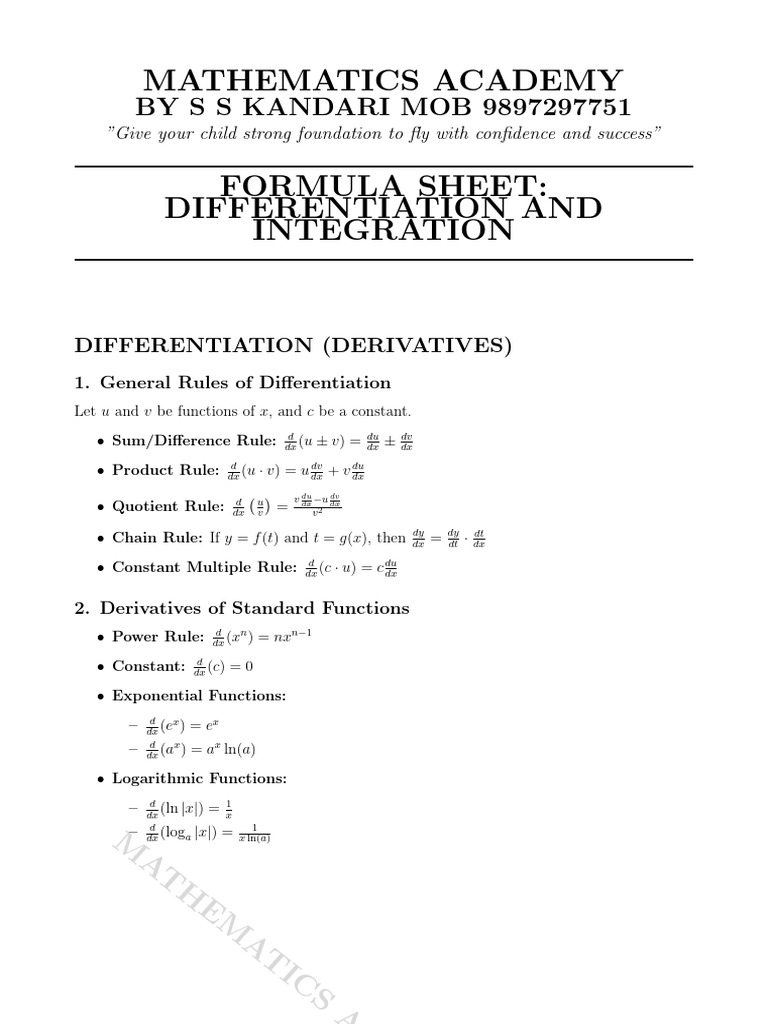 Formula Sheet Differentiation and Integration Class Xii | PDF ...