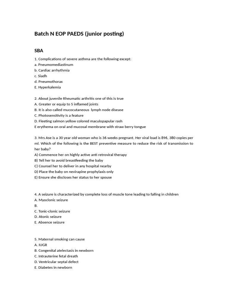 Batch N EOP PAEDS (Junior Posting) | PDF | Kidney | Genetic Disorder