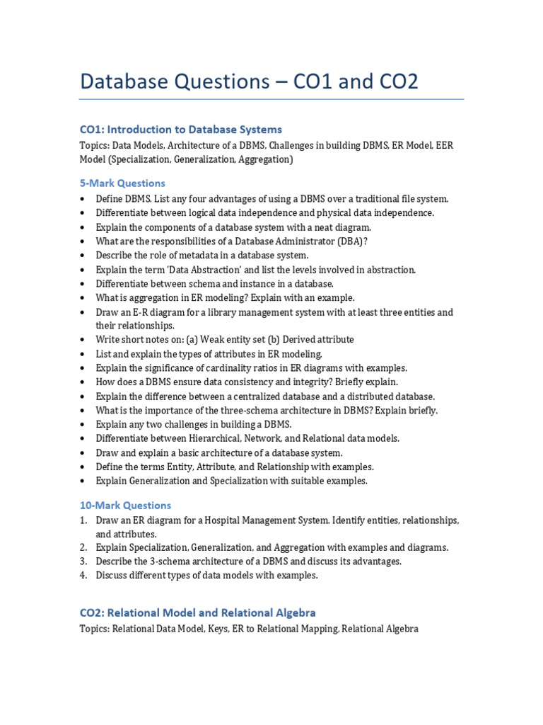 Database CO1 CO2 Questions | PDF | Relational Model | Databases