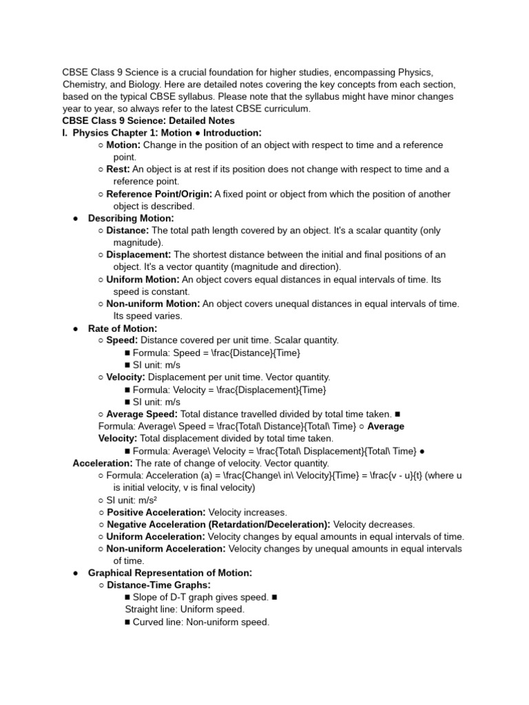 CBSE Class 9 Science Notes Overview | PDF | Acceleration | Sound