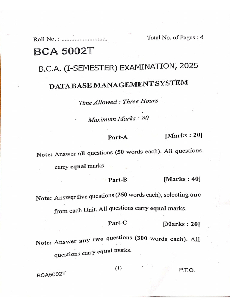 BCA 1 SEM Peper 2025 Dbms | PDF