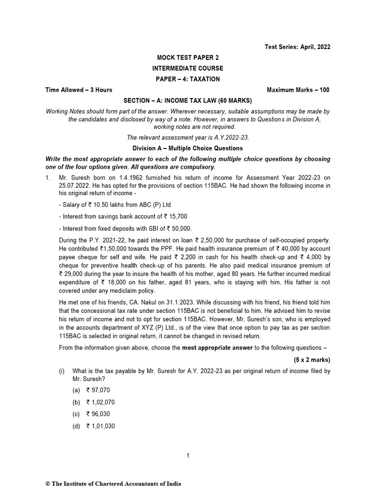 Taxation Mock Test Paper 2022 | PDF | Taxes | Tax Deduction