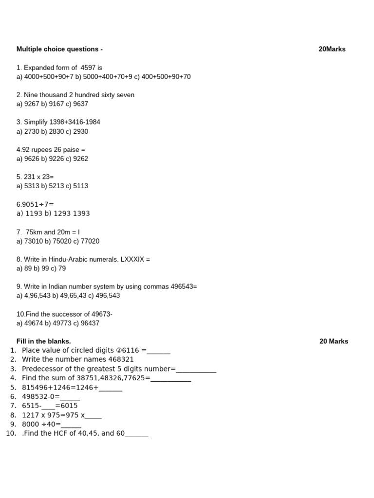 Math Quiz: Multiple Choice & Problems | PDF