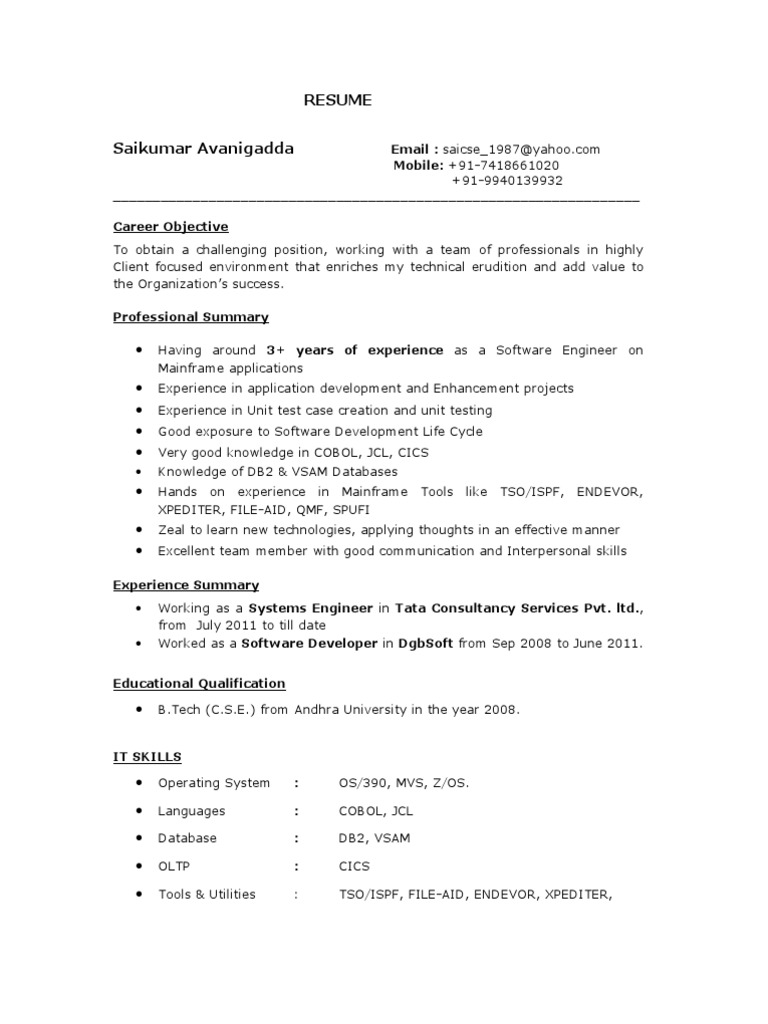 Saikumar - Resume - Mainframe 3 Yrs | PDF | Ibm Db2 | Areas Of Computer Science