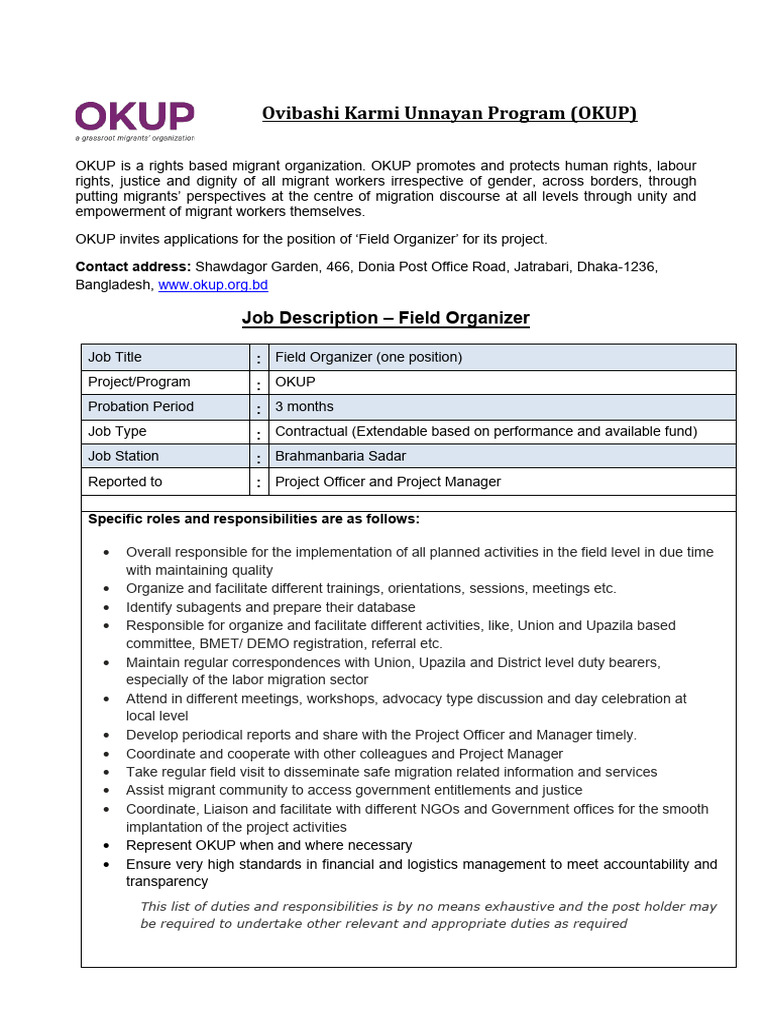 Field Organizer OKUP Aug 25 | PDF | Migrant Worker | Social Policy