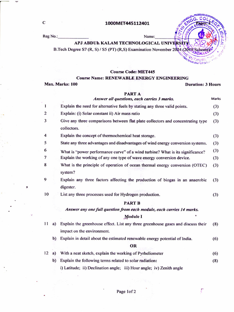 Met445 Renewable Energy Engineering, November 2024 | PDF | Anaerobic Digestion | Renewable Energy