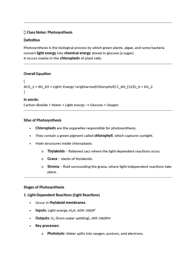 Biology Notes Photosynthesis | PDF